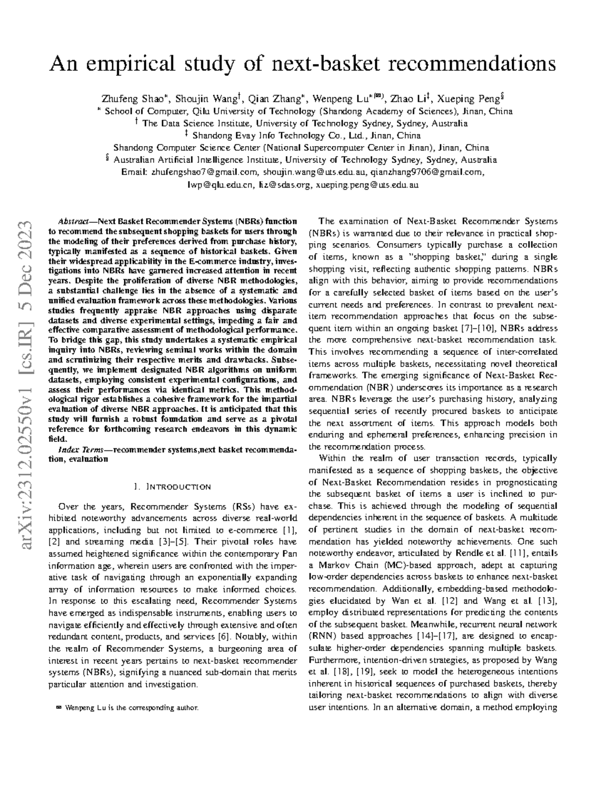 Empirical Study on Next Basket Recommendations (NBRs) - 2312 - Studocu