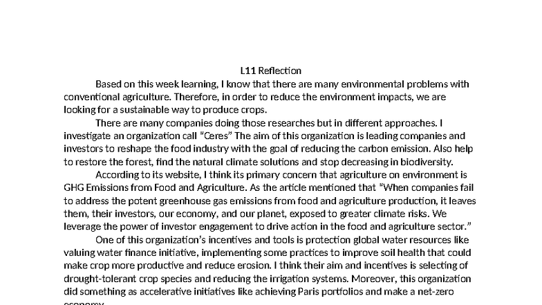 L11 Reflection: Sustainable Agriculture & Environmental Impact - Studocu