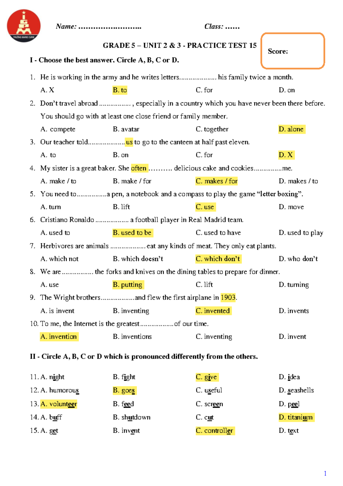 G5 - Practice Test 15 - Answer Key for Units 2 & 3 - Studocu