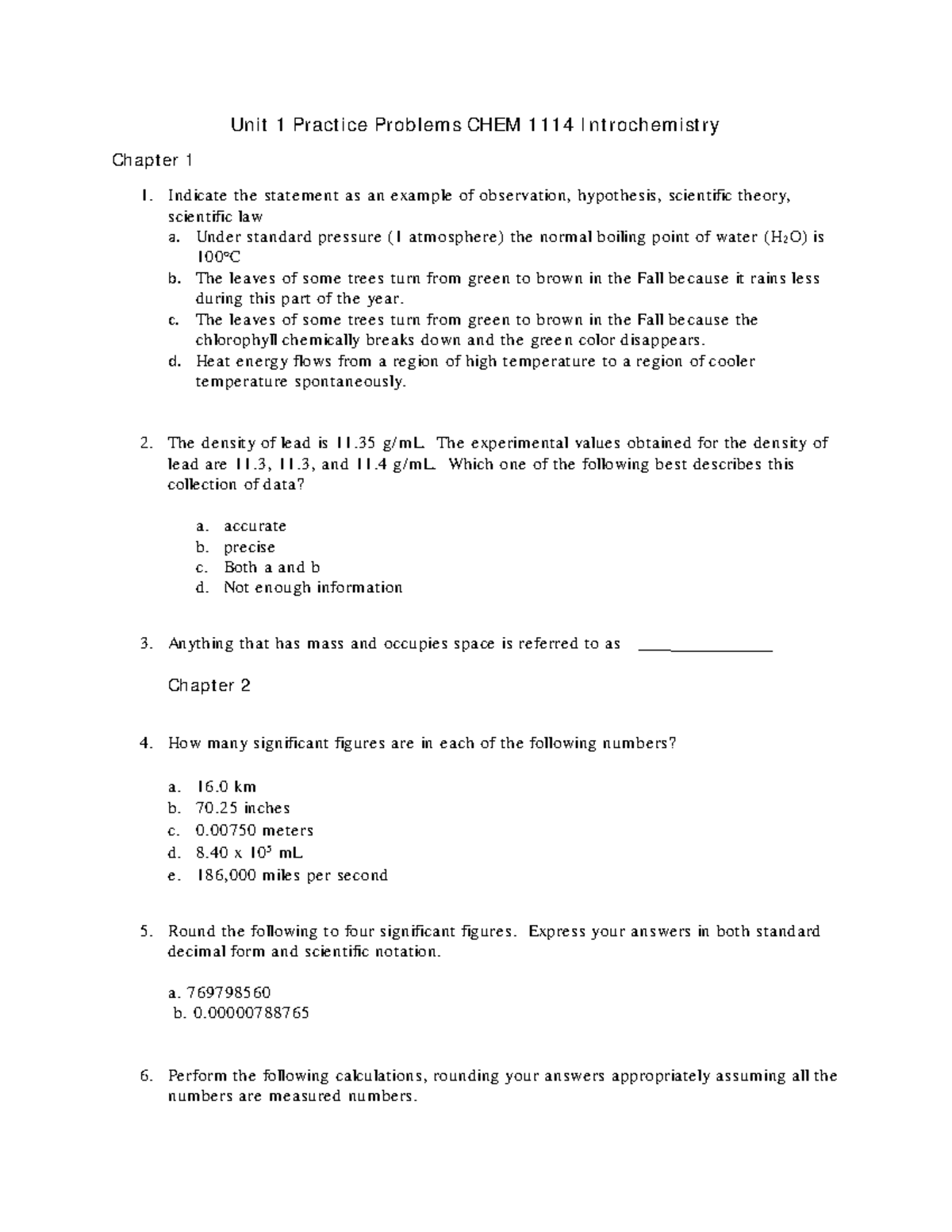 Unit 1 Practice Problems CHEM 1114 Introchemistry Chapter 1-2 - Studocu