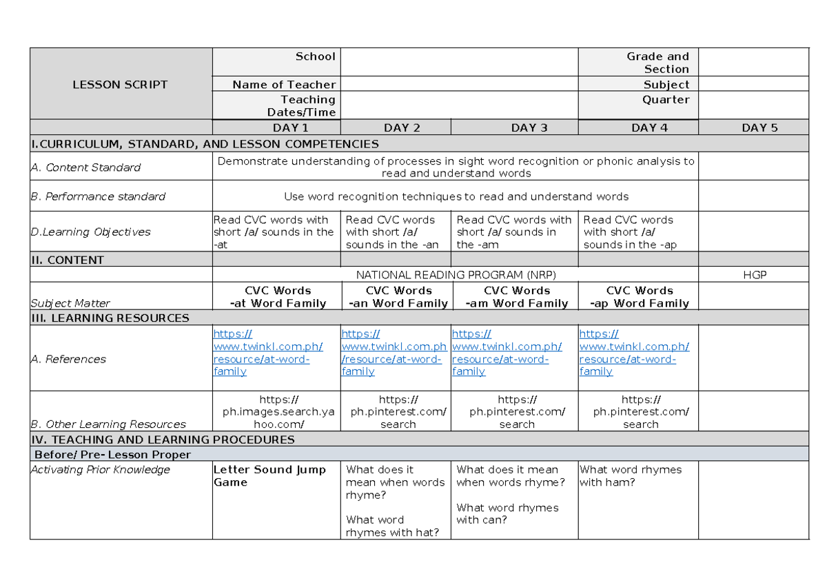 NRP - Q1 - Week 1: Lesson Plan on CVC Words and Rhyming - Studocu