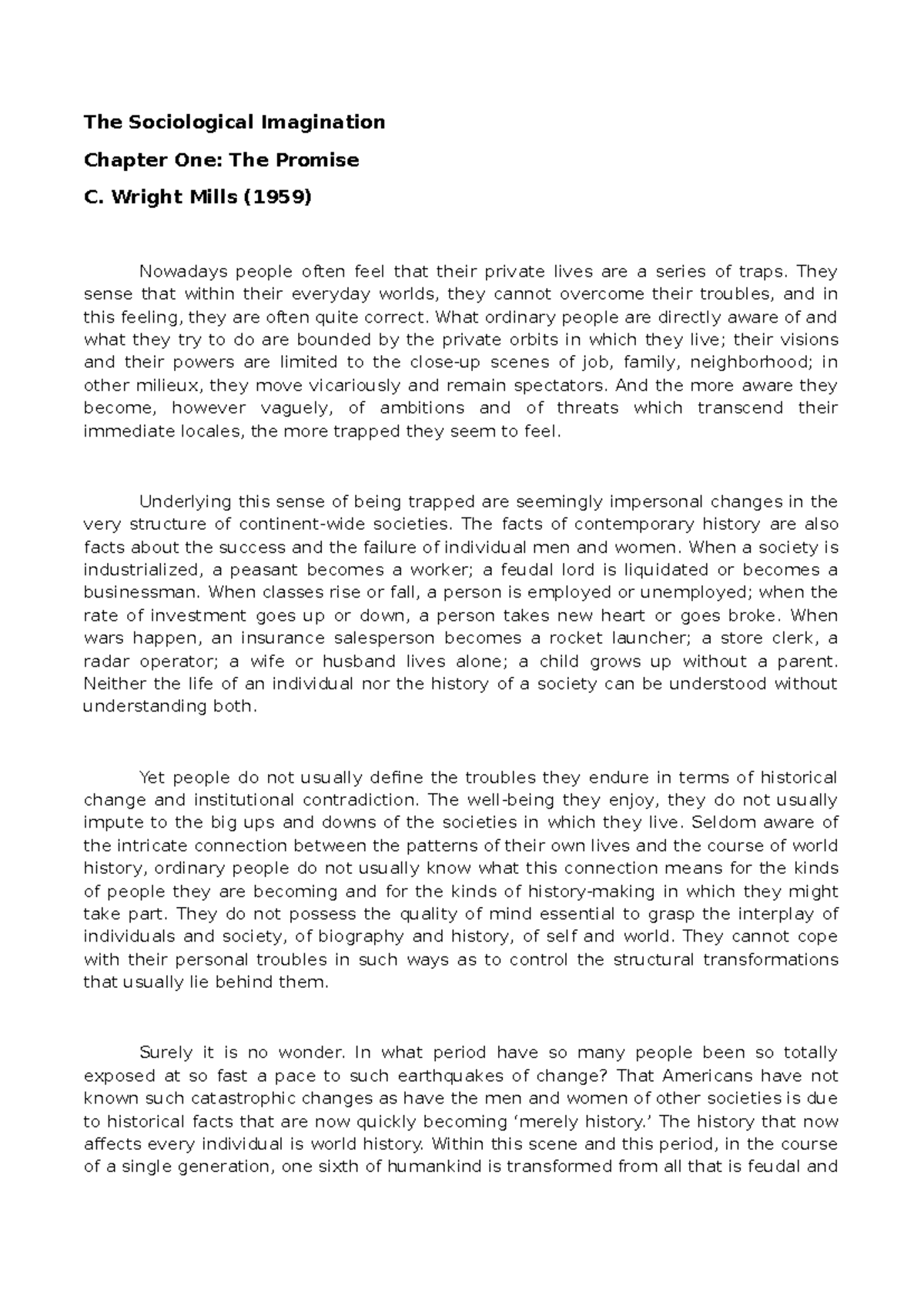 The Sociological Imagination: Chapter 1 - The Promise (C. Wright Mills ...