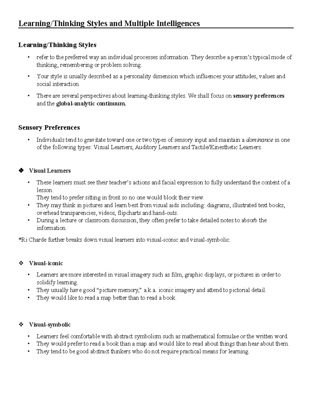 Learning Styles and Multiple Intelligences - Styles and Multiple ...
