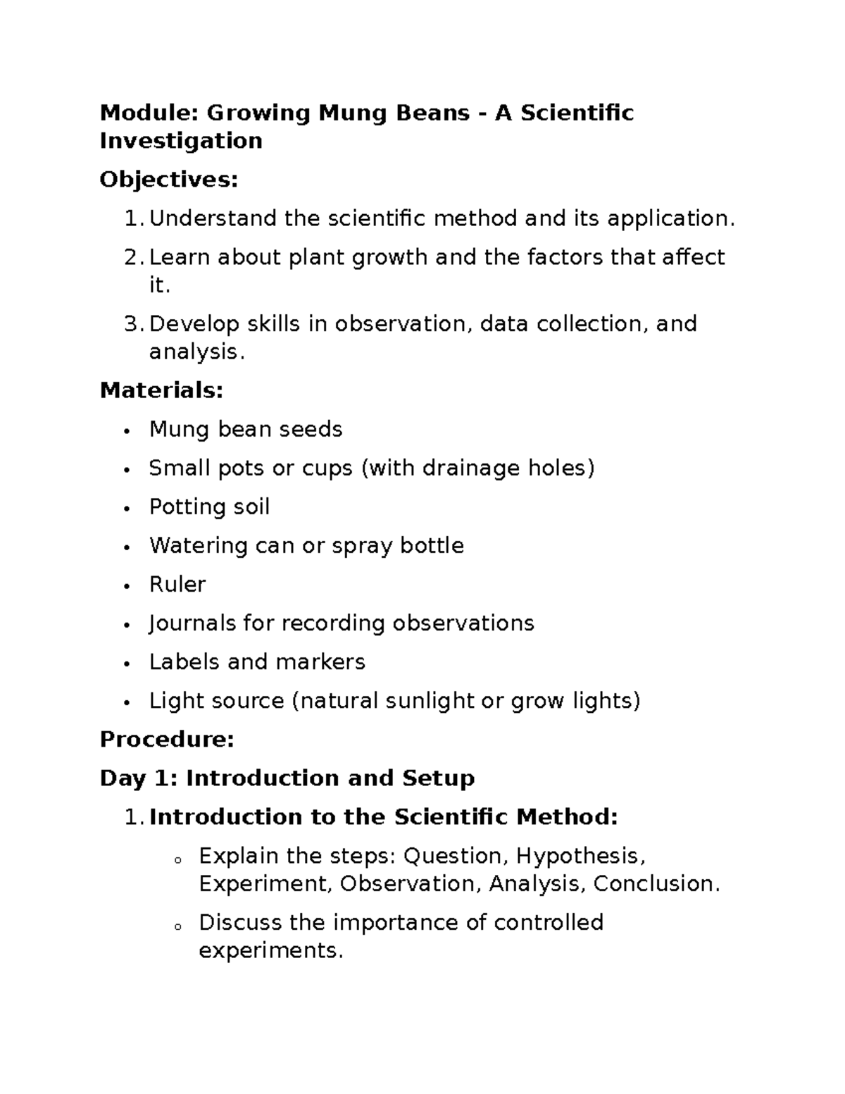 Science 7: Mung Beans Activity - Scientific Investigations Guide - Studocu