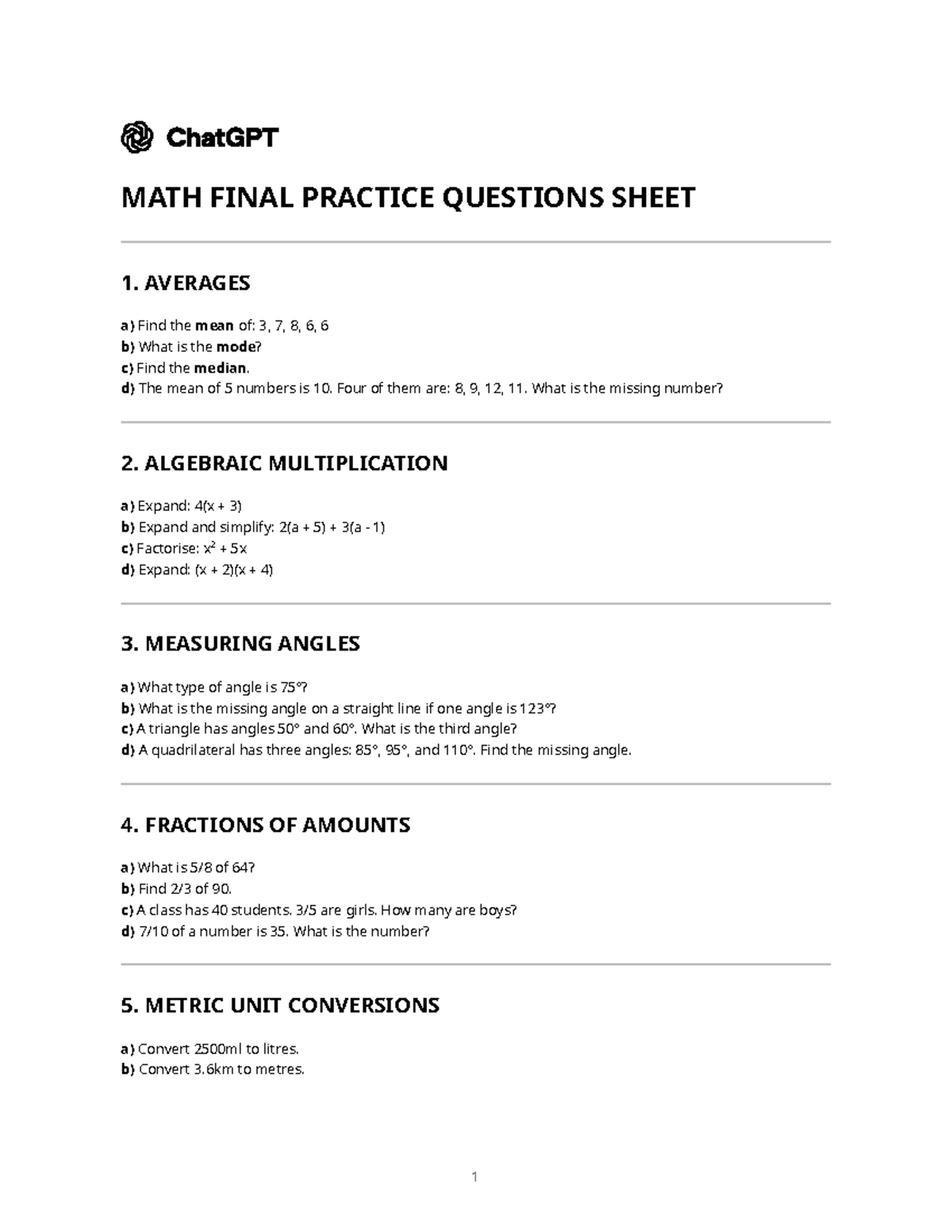 MATH 101 FINAL PRACTICE QUESTIONS: AVERAGES, FRACTIONS & MORE - Studocu