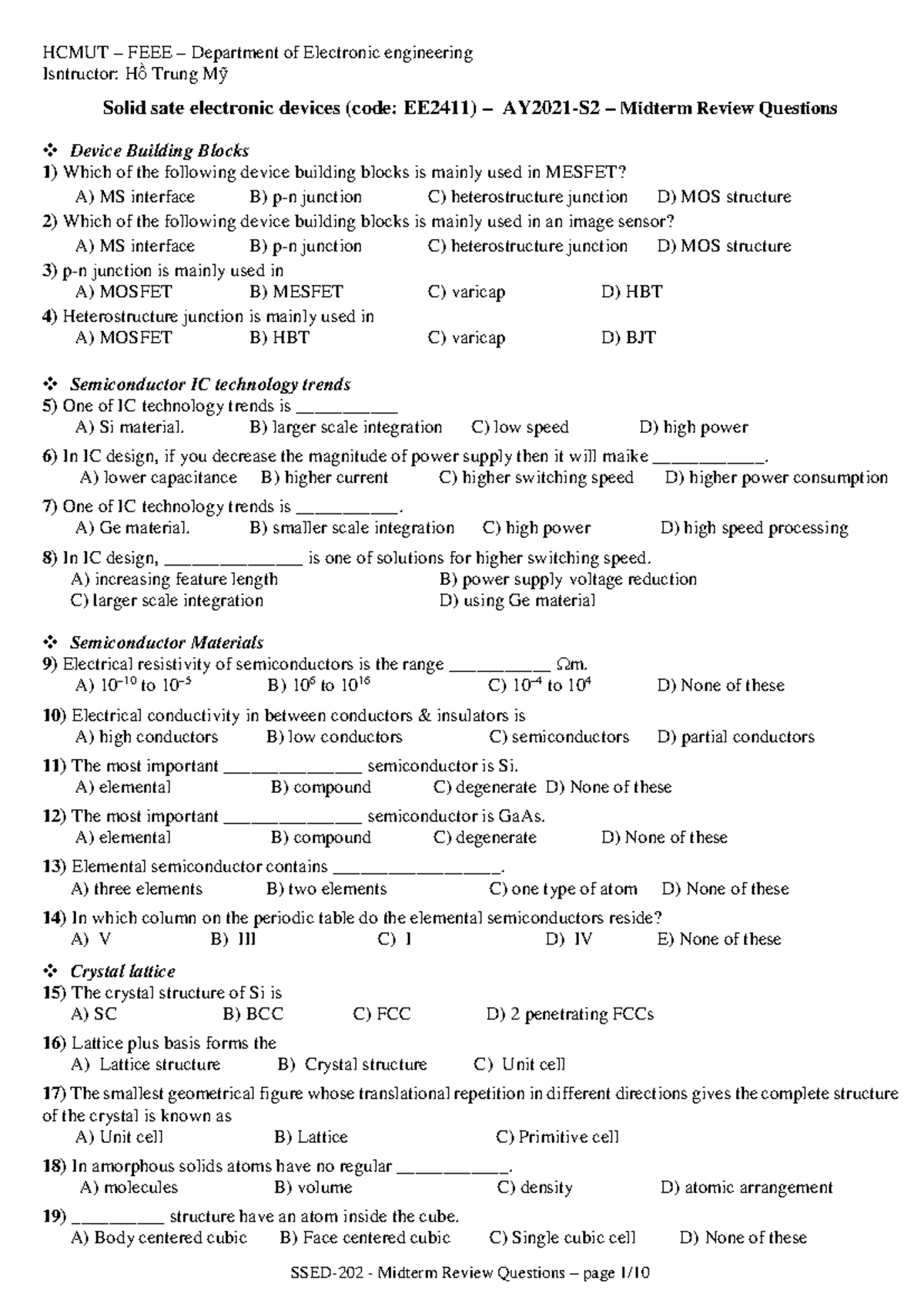 SSED-202 - Midterm Review Questions - HCMUT – FEEE – Department of ...