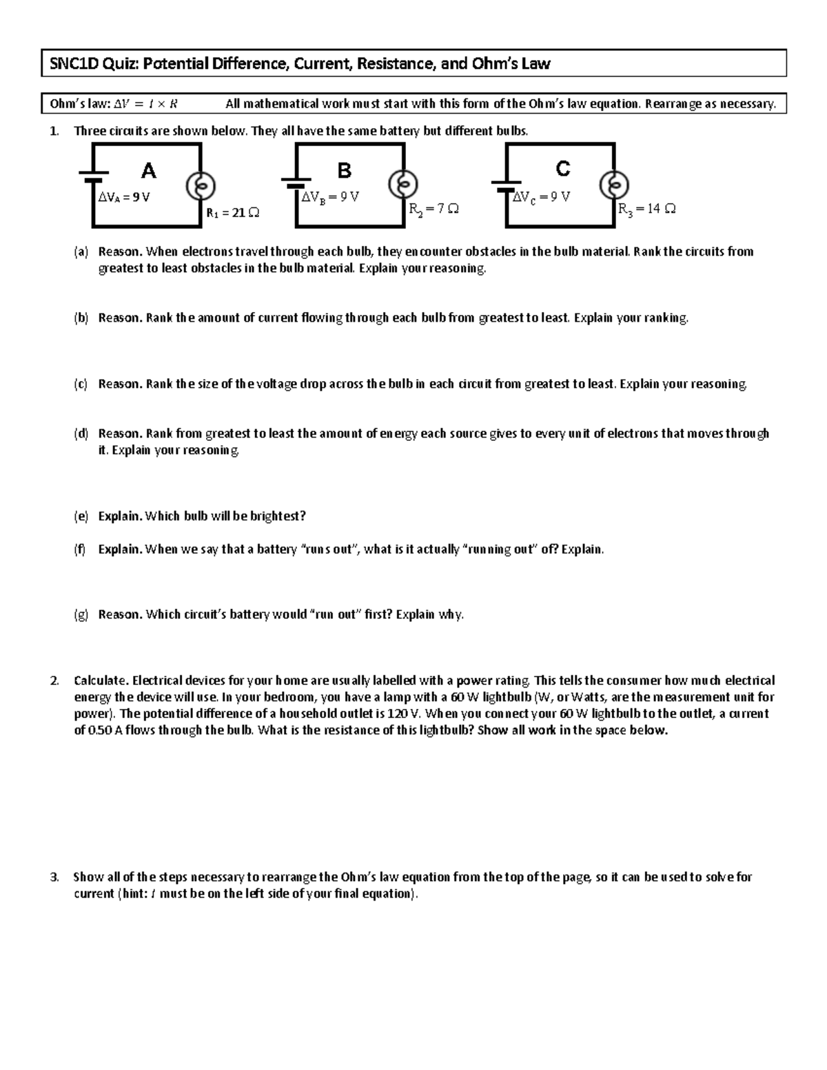 SNC1D Electricity Quiz 2: Ohm’s Law and Circuit Analysis Notes - Studocu
