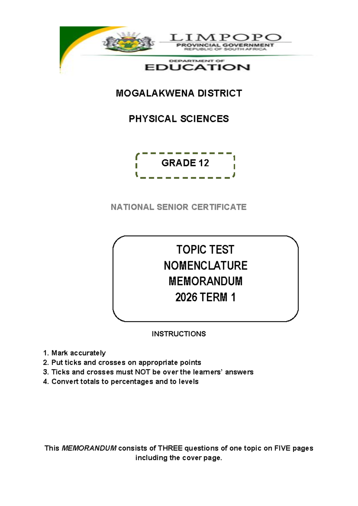 2026 Grade 12 Physical Sciences Term 1 Nomenclature Memo - Studocu