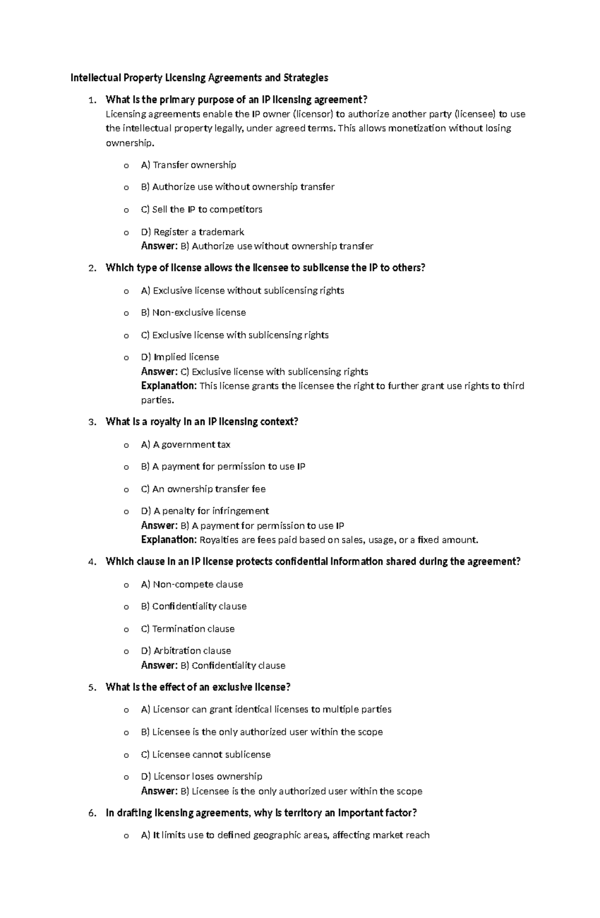 IP Licensing Agreements & Strategies: Key Concepts & Questions - Studocu