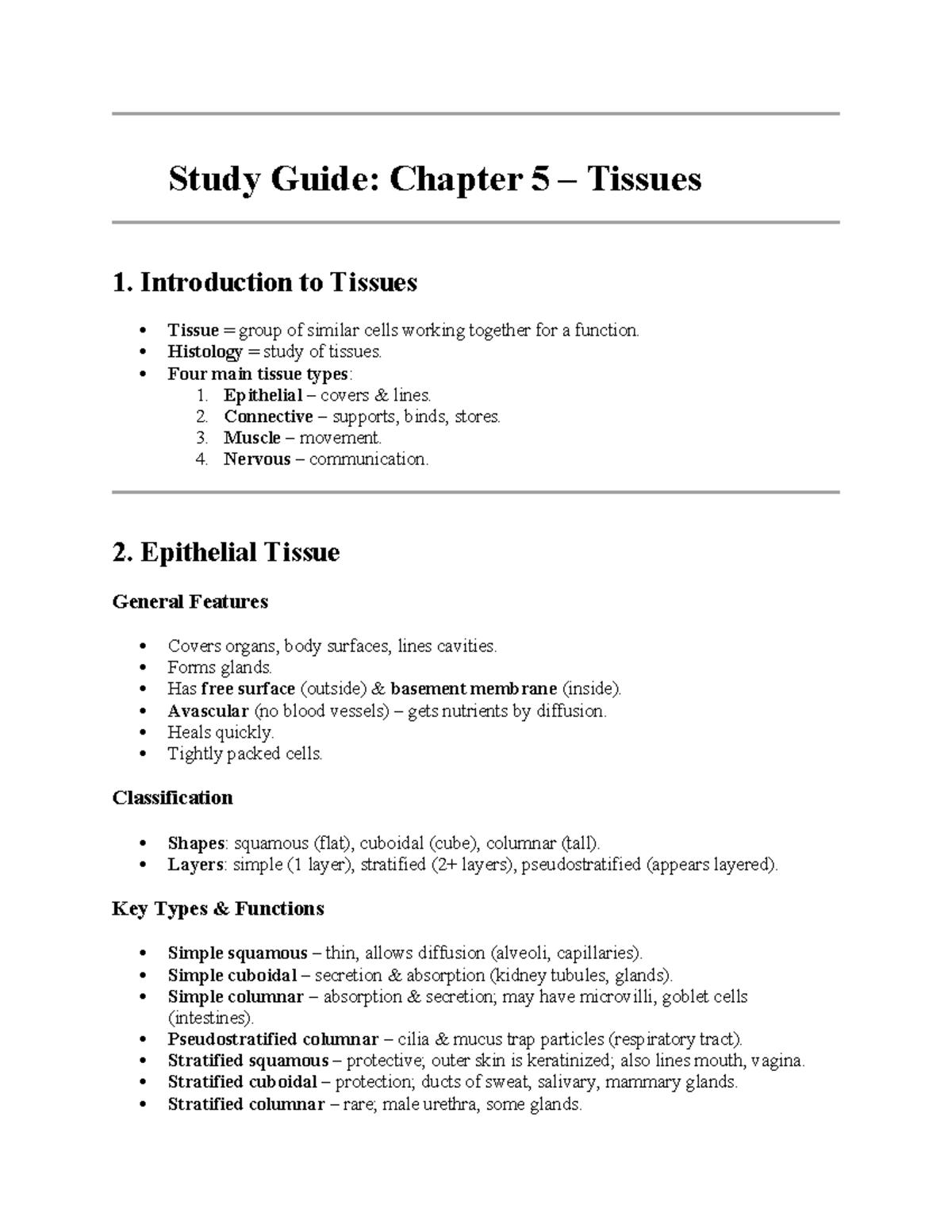 Chapt 5 Study Guide: Tissues Overview and Key Concepts - Studocu