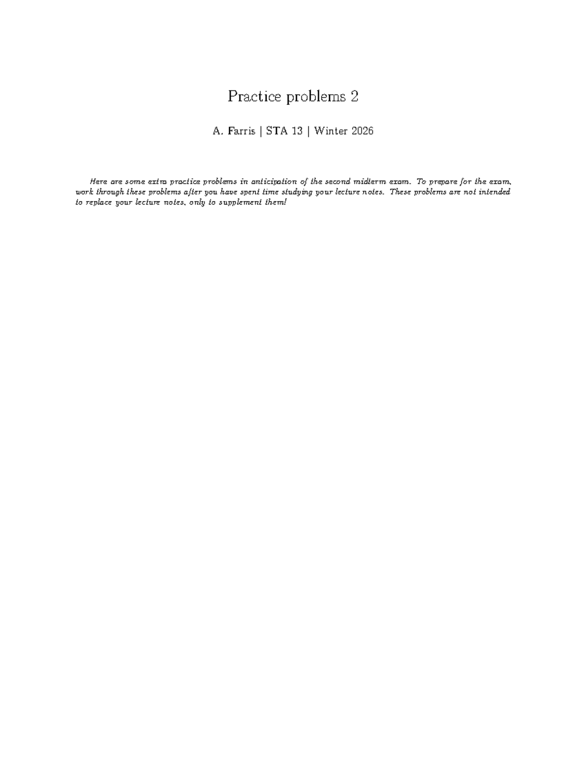 Practice Problems 2 for STA 13 - Winter 2026 - Studocu