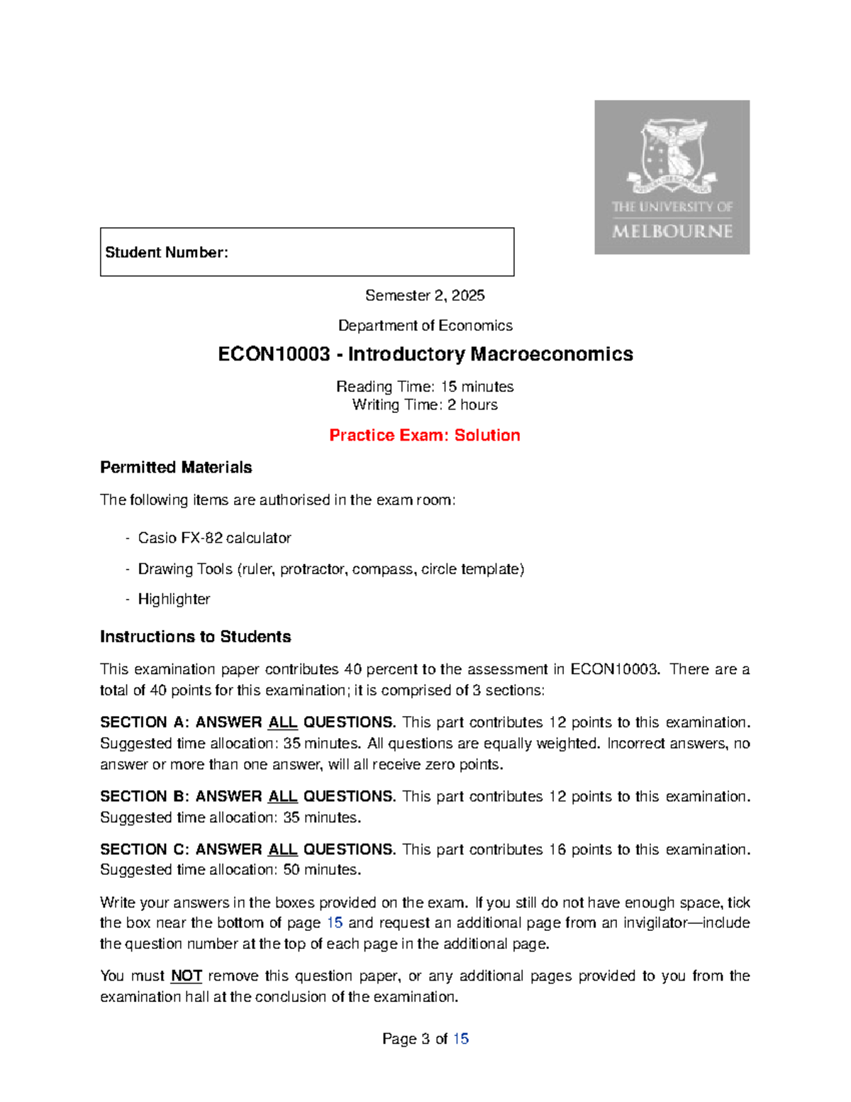 Econ10003 Practice Exam Solutions: Macroeconomics 2025 - Studocu