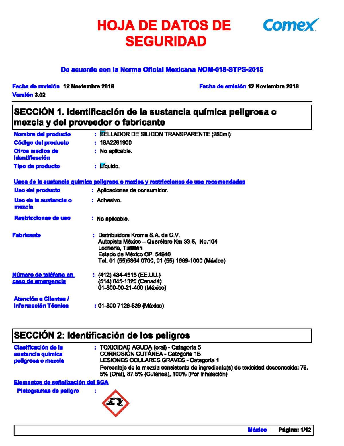 Hoja de Seguridad: Sellador de Silicón Comex 19A2281900 - Studocu