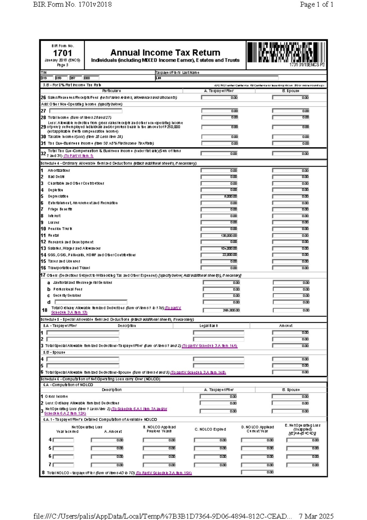 BIR Form 1701v2018: Annual Income Tax Return for Individuals - Studocu