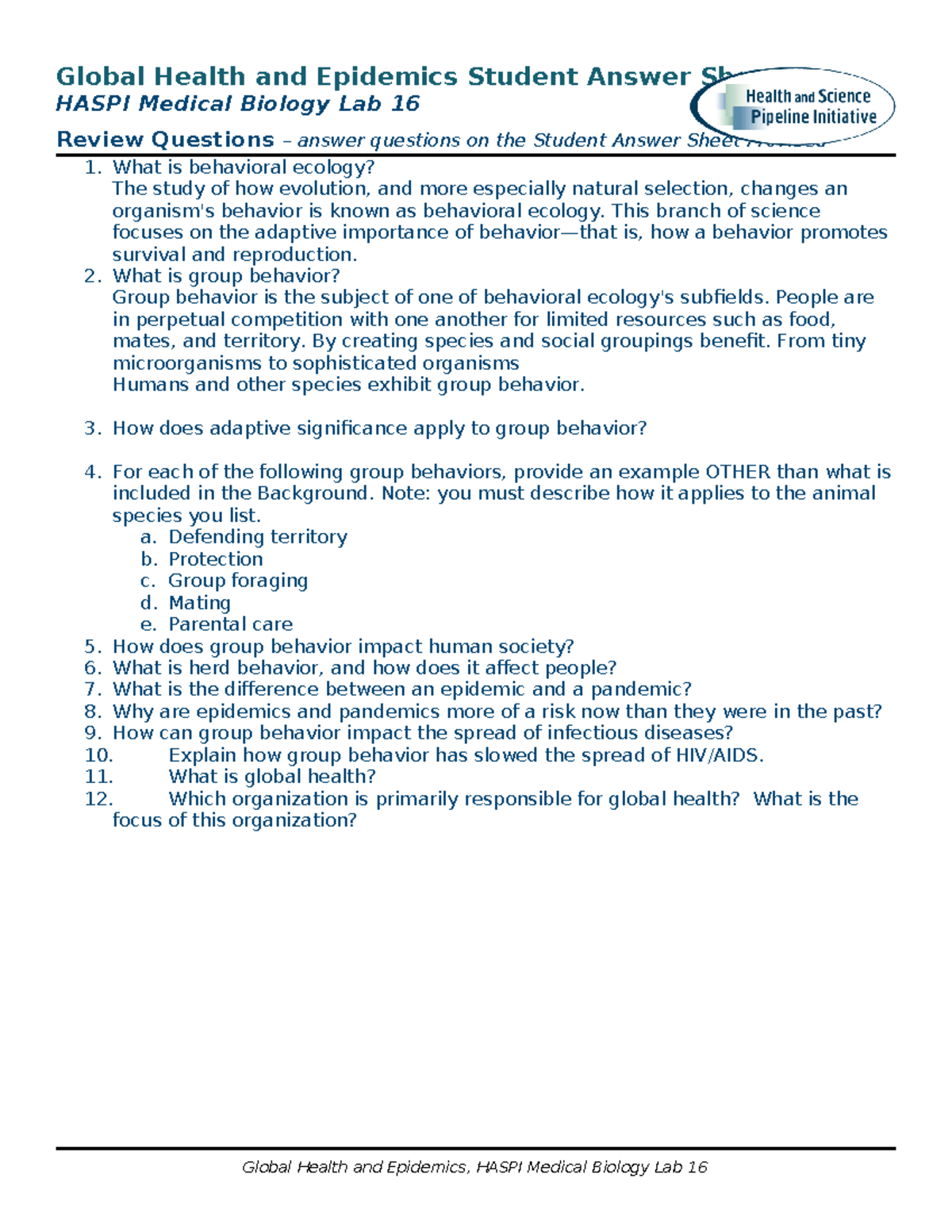 Global Health & Epidemics Answer Sheet - HASPI Lab 16 & 16a - Studocu