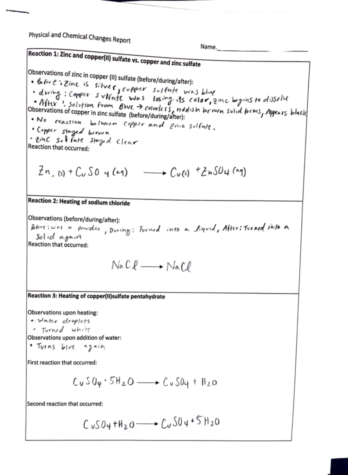 Physical and Chemical Change Lab - Physical and Chemical Changes Report ...