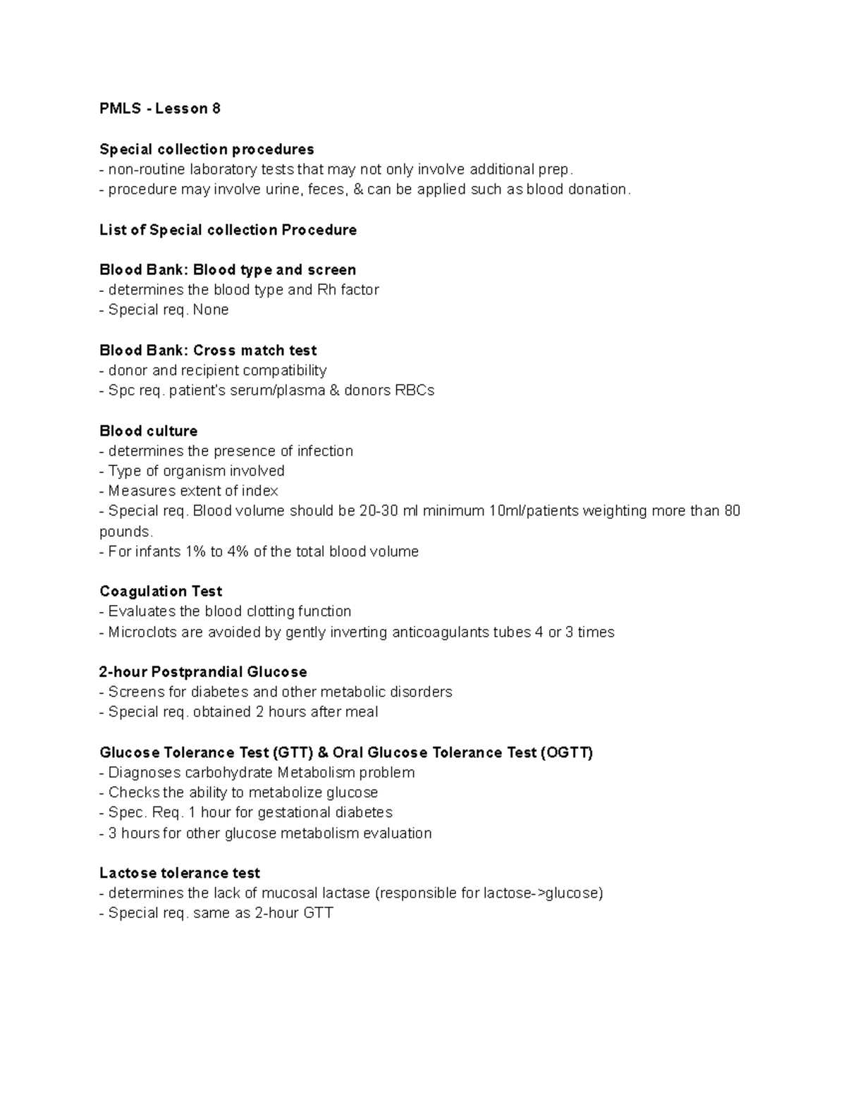 PMLS Lesson 8 Notes - PMLS - Lesson 8 Special collection procedures non ...