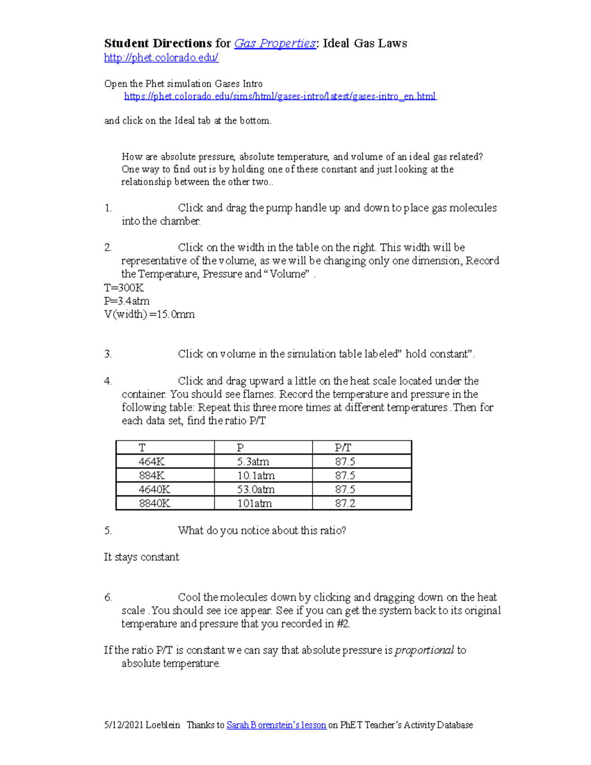 Ideal gas law lab (completed) - phet.colorado/ Open the Phet simulation ...