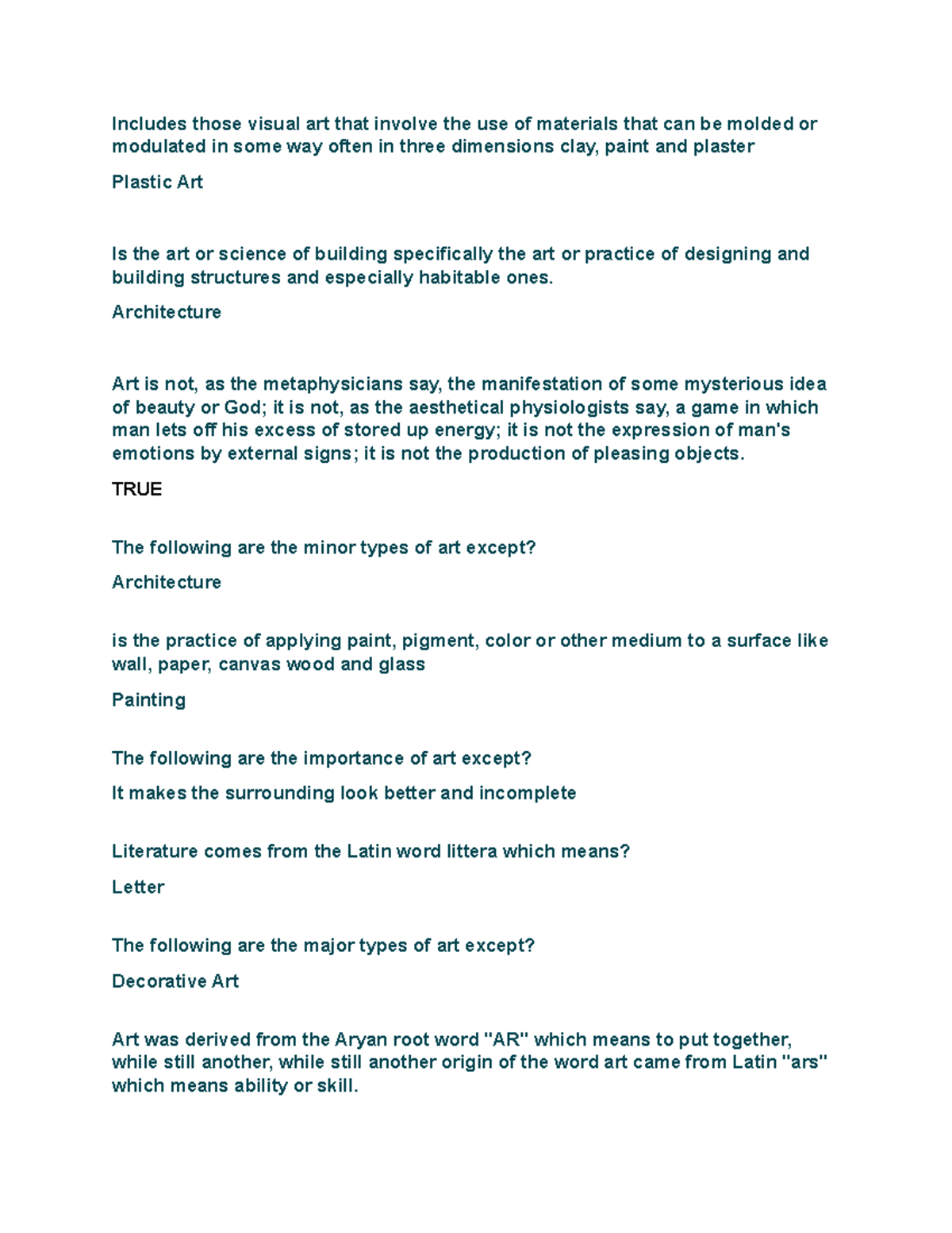 Art Appreciation - Prelim Quiz 1: Types & Importance of Art - Studocu