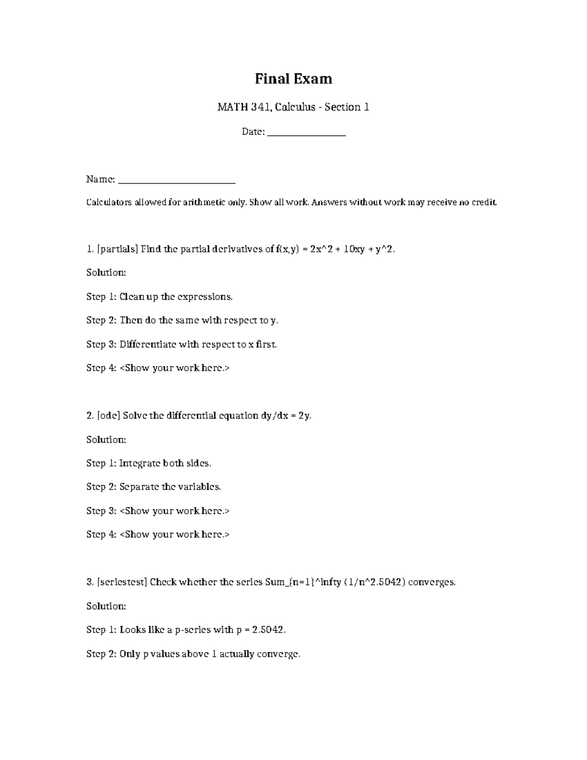 Final Exam Solutions for MATH 341, Calculus Section 1 - Studocu