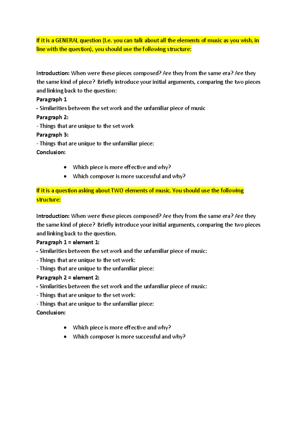 Music Analysis Structure: Comparing Set Work & Unfamiliar Piece - Studocu