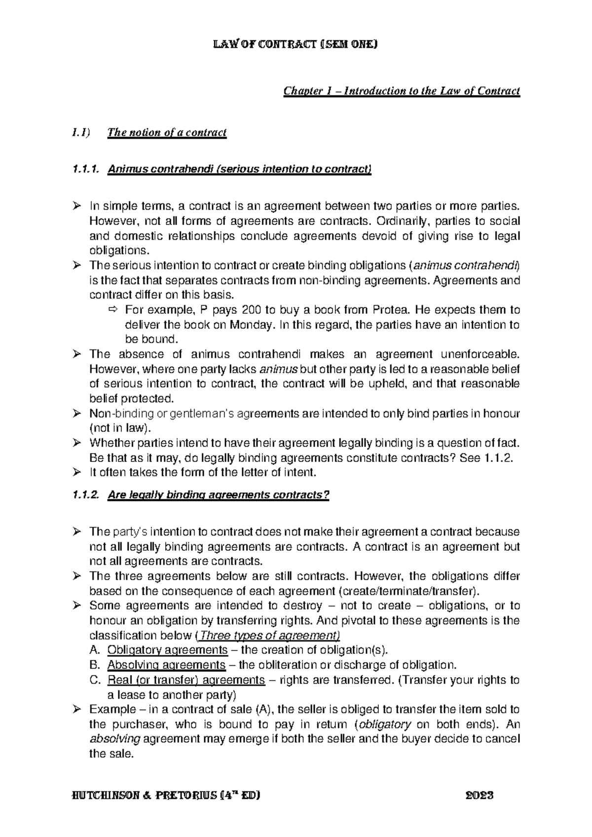 LAW OF CONTRACT (SEM ONE) Chapter 1: Introduction to Contract Law ...