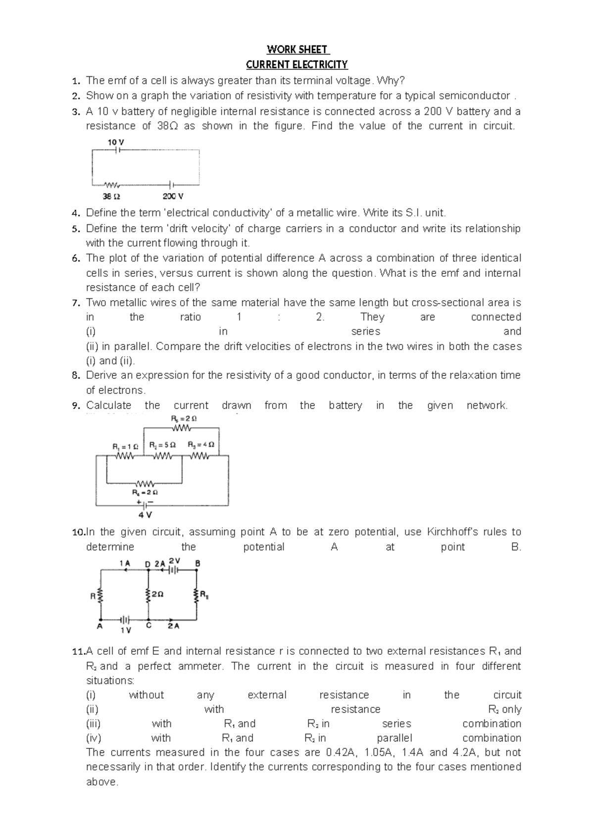 WS Current Electricity - WORK SHEET CURRENT ELECTRICITY The emf of a ...