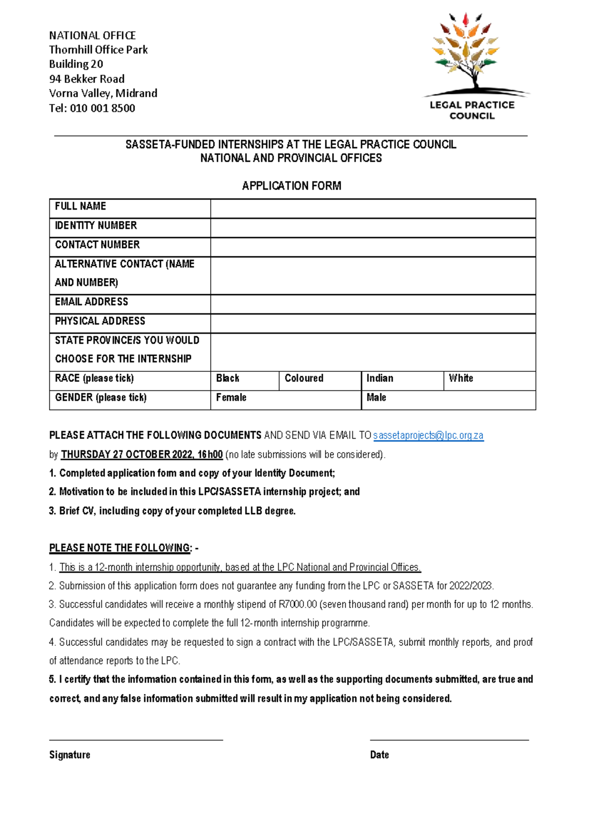 SASSETA LPC Internship Application Form - 2022/2023 Steps - Studocu