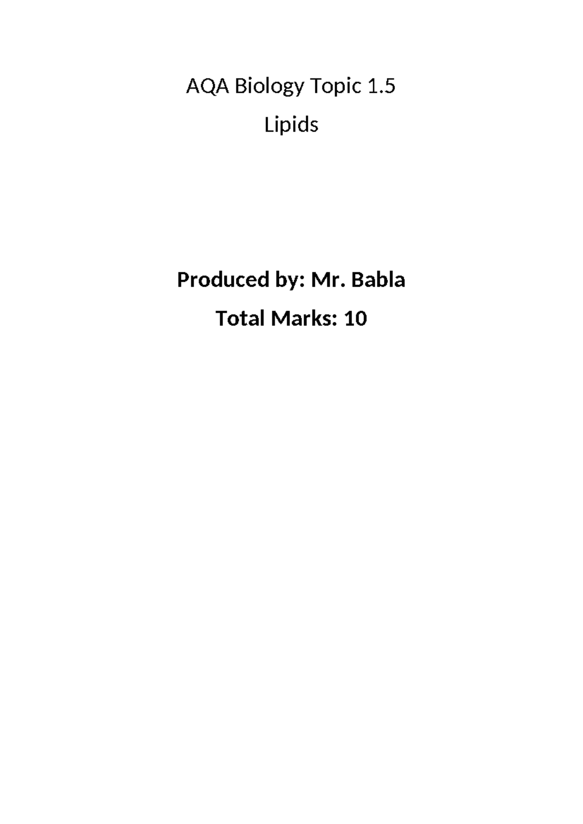 AQA Biology Topic 1 - Lipids MCQs and Key Concepts - Studocu