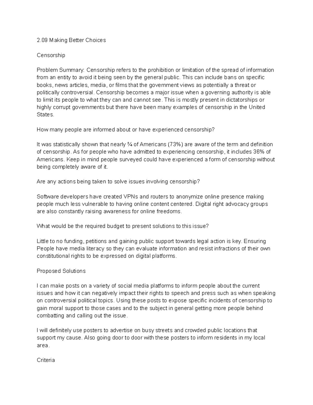 2.09 Economics Assignment: Analyzing Censorship Solutions - Studocu