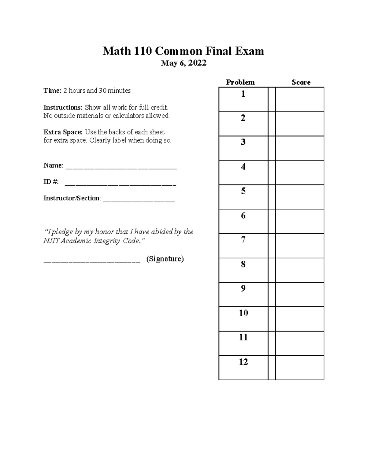 Math 110 SP22 Final Exam Practice Problems and Solutions - Studocu