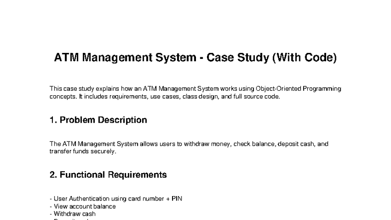 ATM Management System Case Study (CS101) with Code - Studocu