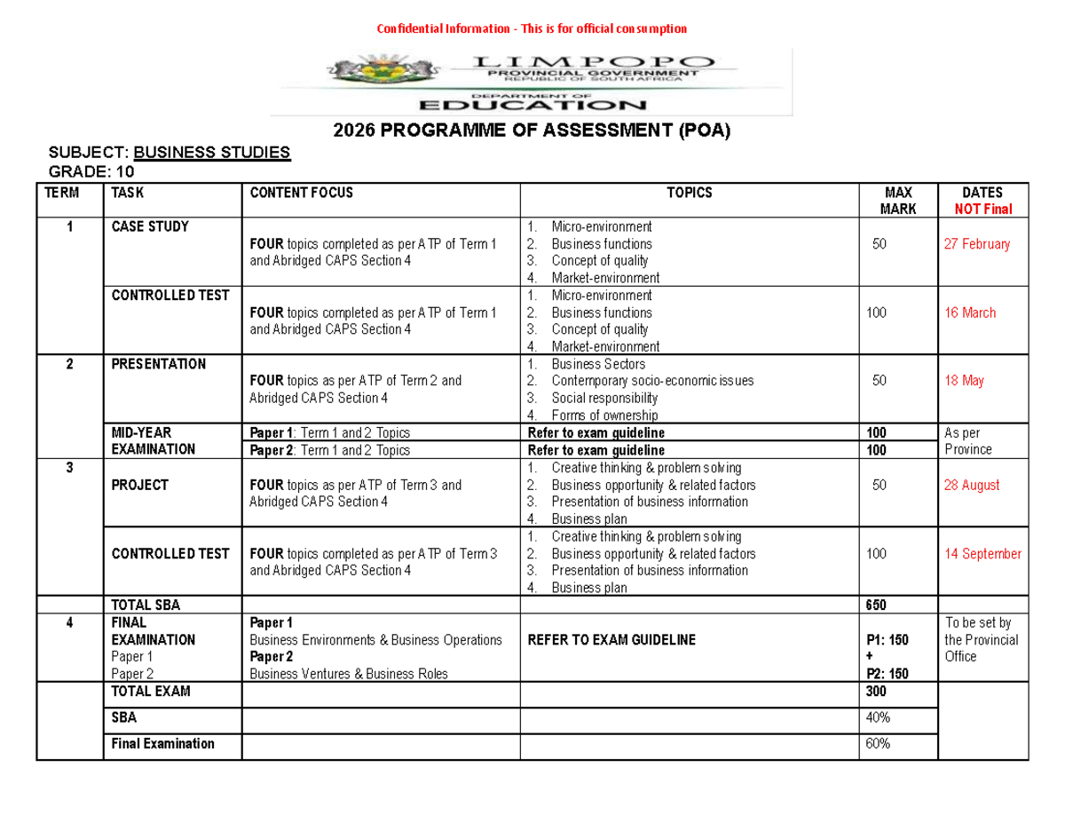 2026 BSTD Grade 10 & 11 Programme of Assessment Overview - Studocu