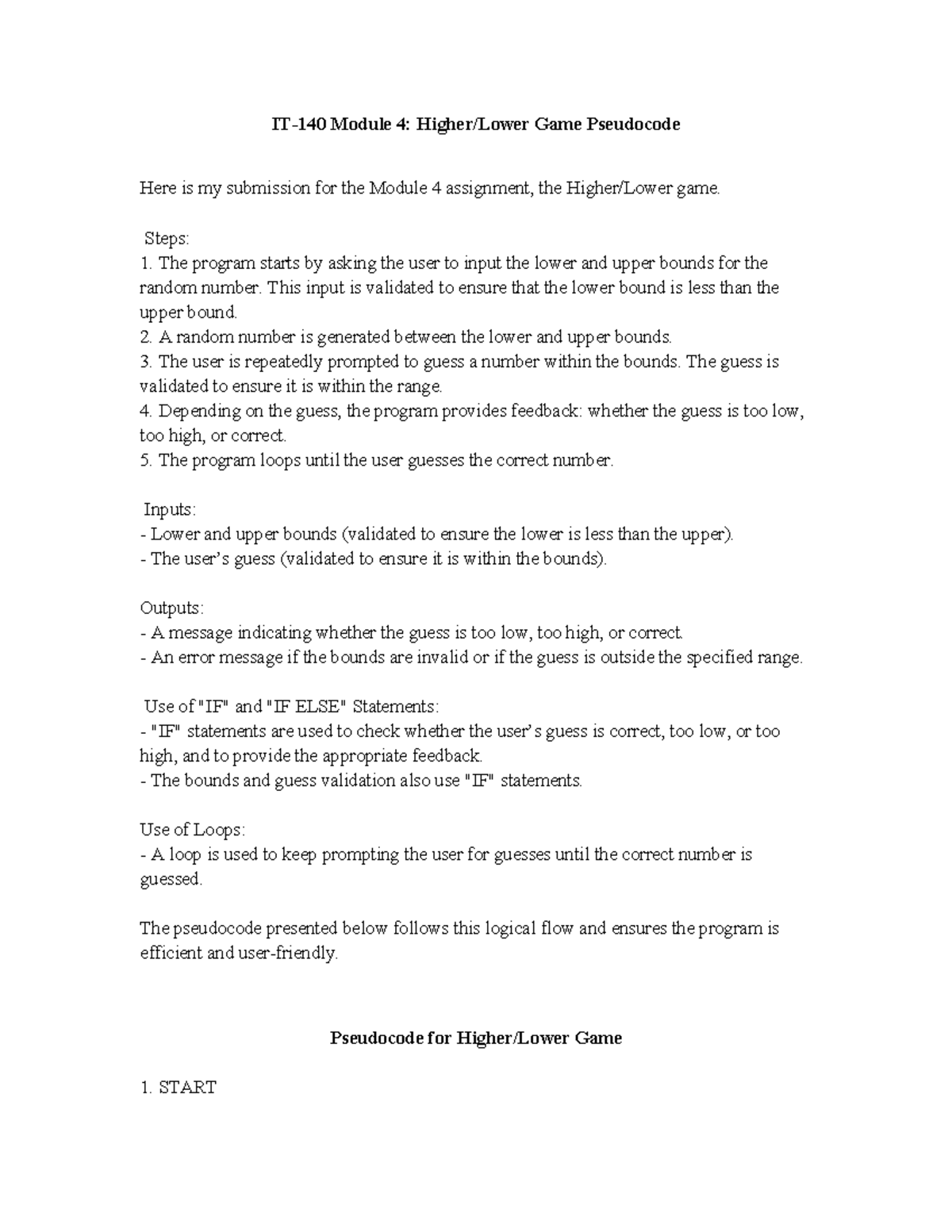 IT-140 Module 4 Higher/Lower Game Pseudocode Submission - Studocu