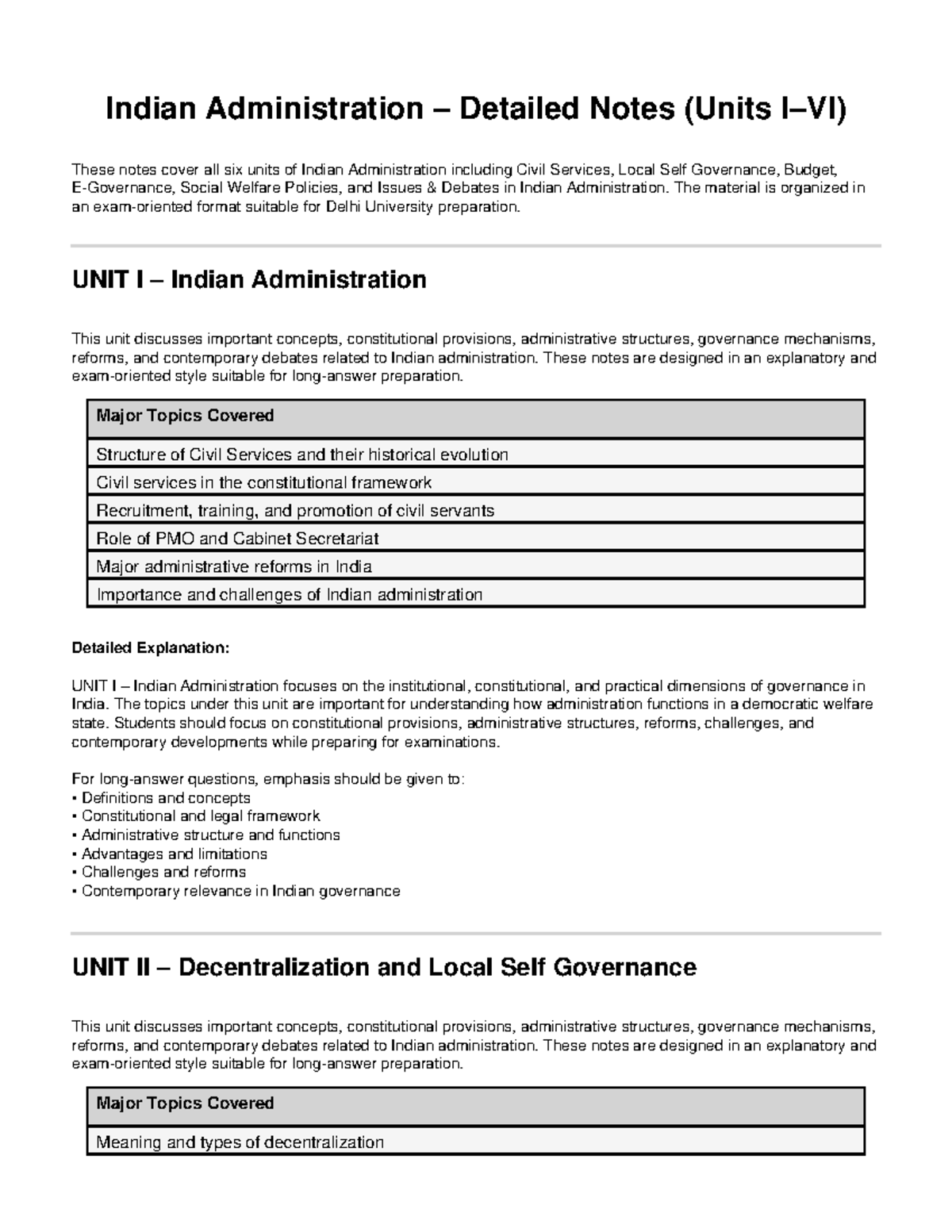 Indian Administration (Course Code) Comprehensive Notes for All Units ...