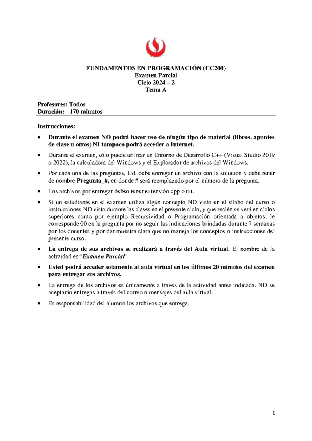 Examen Parcial Fundamentos en Programación (CC 200) 2024-2 - Studocu