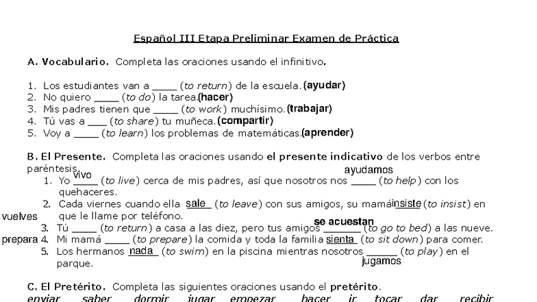 Español 101: Examen de Práctica A - Vocabulario y Gramática - Studocu