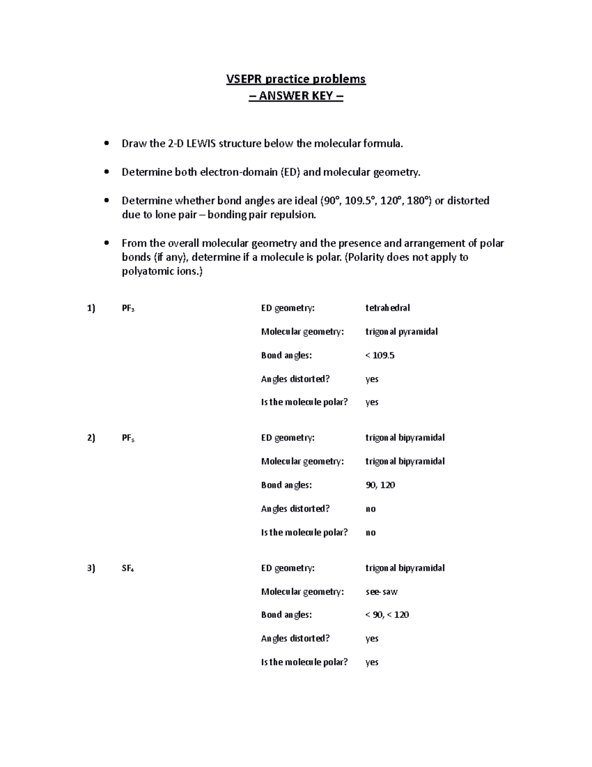 VSEPR Practice Problems Answer Key for Chemistry 101 - Studocu
