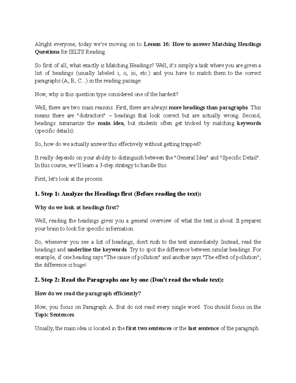 IELTS Reading Lesson 16: Strategies for Matching Headings Questions ...