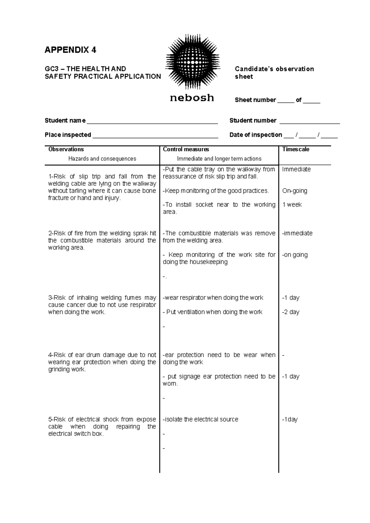 GC3 Health & Safety Practical Application Observation Sheet - Studocu