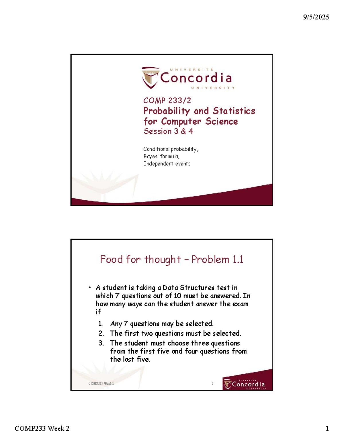 COMP233 Conditional Probability and Statistics - Week 2 Notes - Studocu