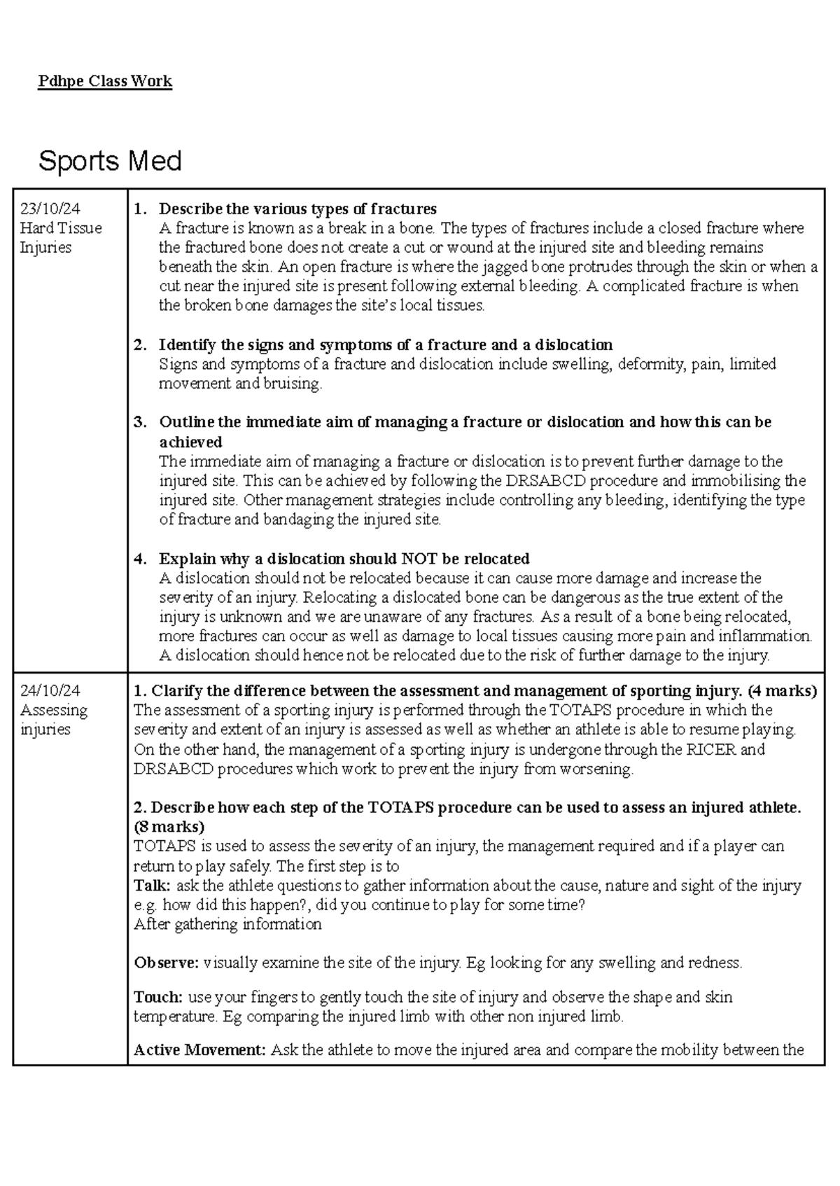 Pdhpe sports med qs - Pdhpe Class Work Sports Med 23/10/ Hard Tissue ...