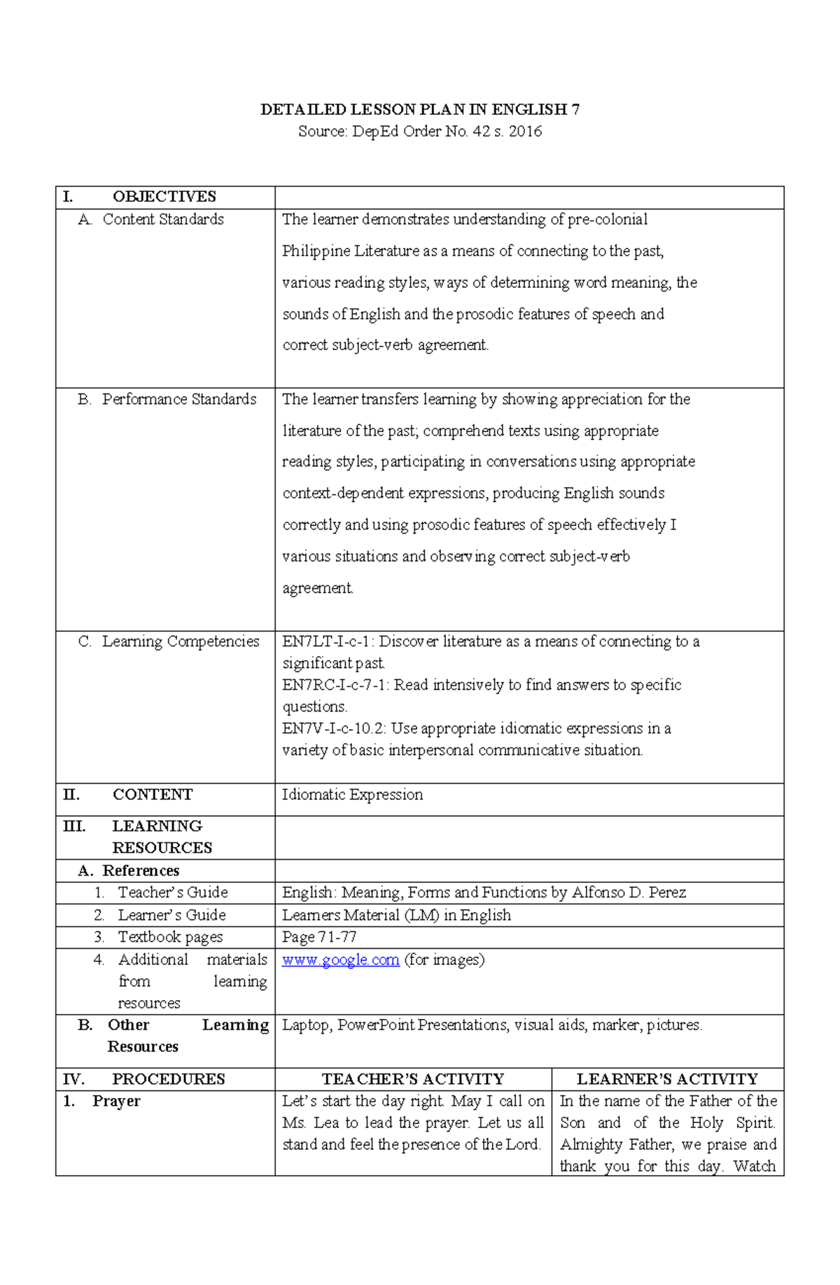 Detailed Lesson Plan in English 7 - DepEd Format - Studocu