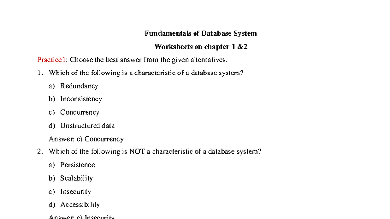 Fundamentals of Database Systems: Chapter 1 Worksheet - Studocu