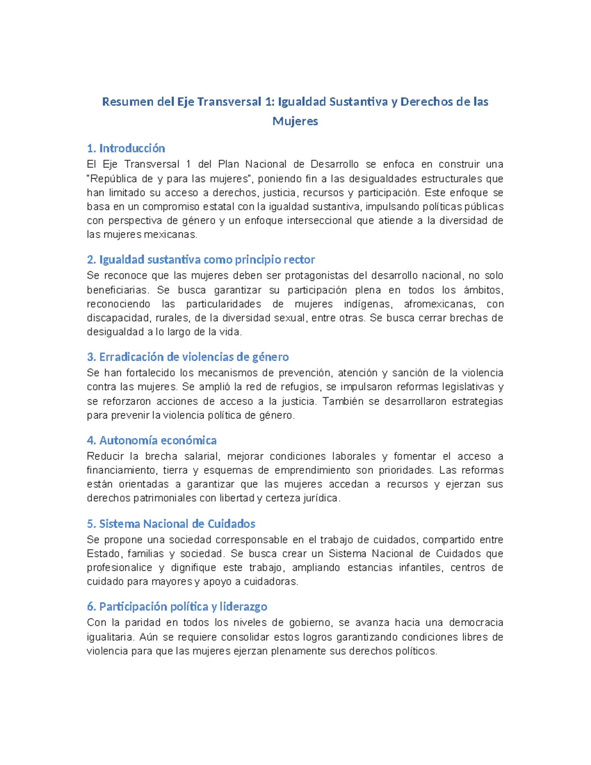 Resumen del Eje Transversal 1: Igualdad Sustantiva y Derechos de las ...