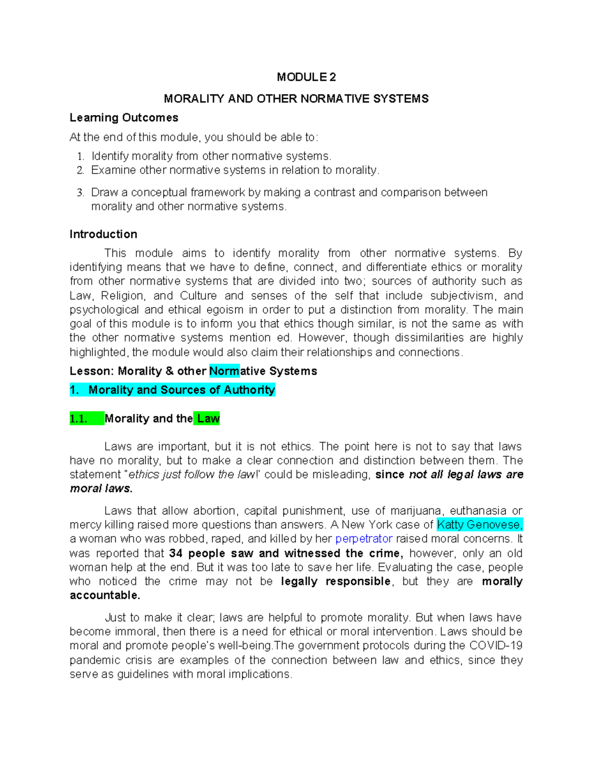 Module 2. Morality & Other Normative Systems - MODULE 2 MORALITY AND OTHER NORMATIVE SYSTEMS ...