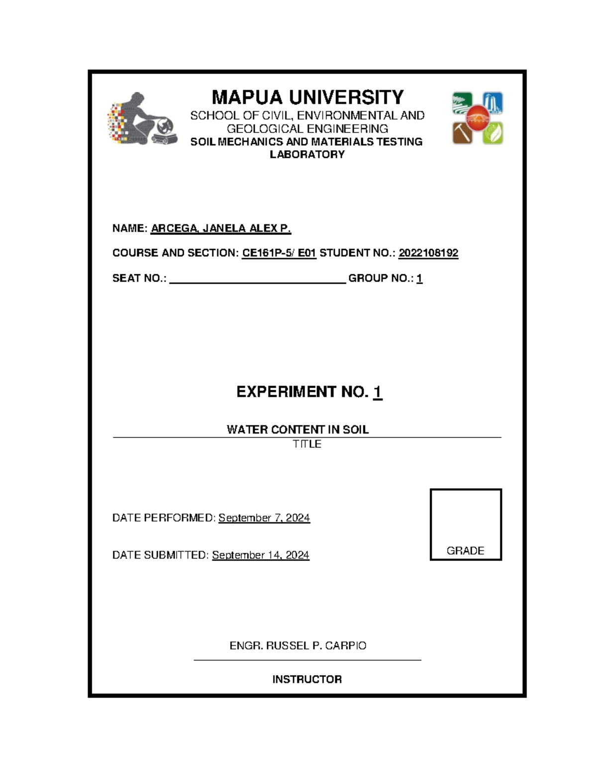 Arcega Lab Report No - MAPUA UNIVERSITY SCHOOL OF CIVIL, ENVIRONMENTAL ...