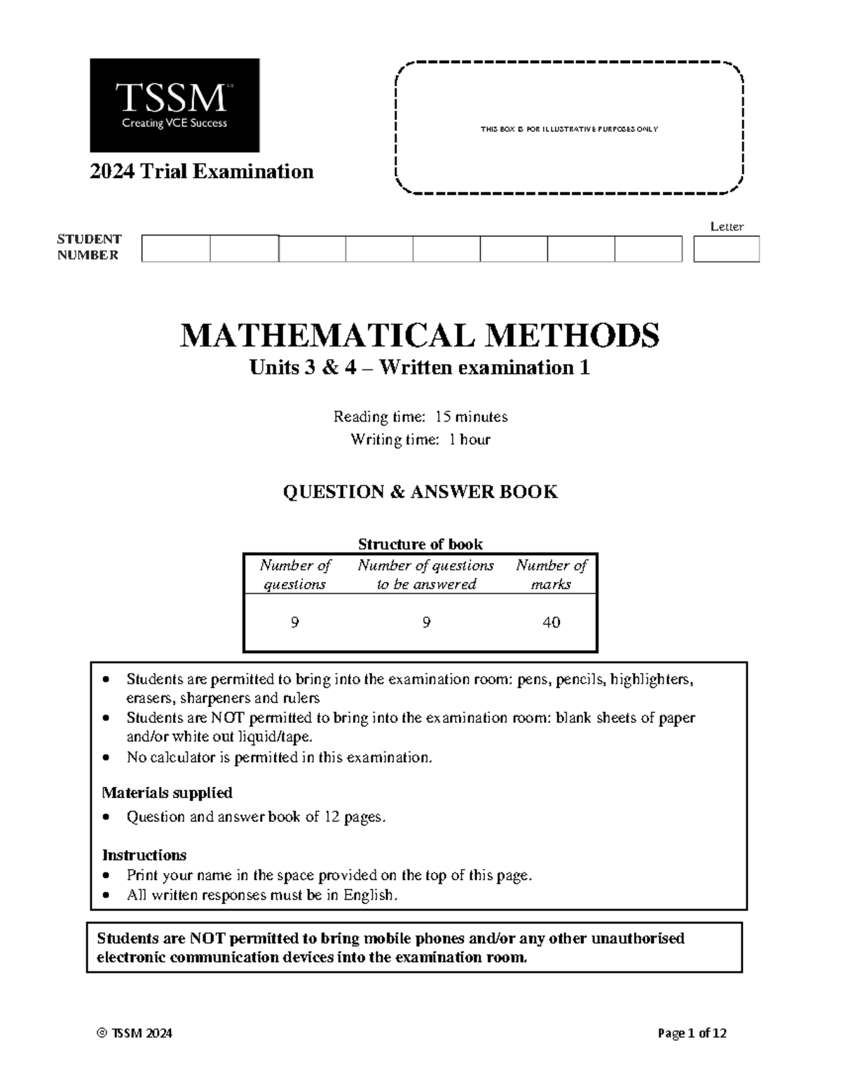2024 TSSM Mathematical Methods Exam 1 Guide - Studocu