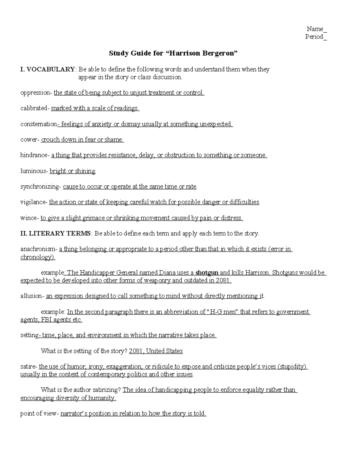 Harrison Bergeron Study Guide: Key Vocabulary, Literary Terms ...