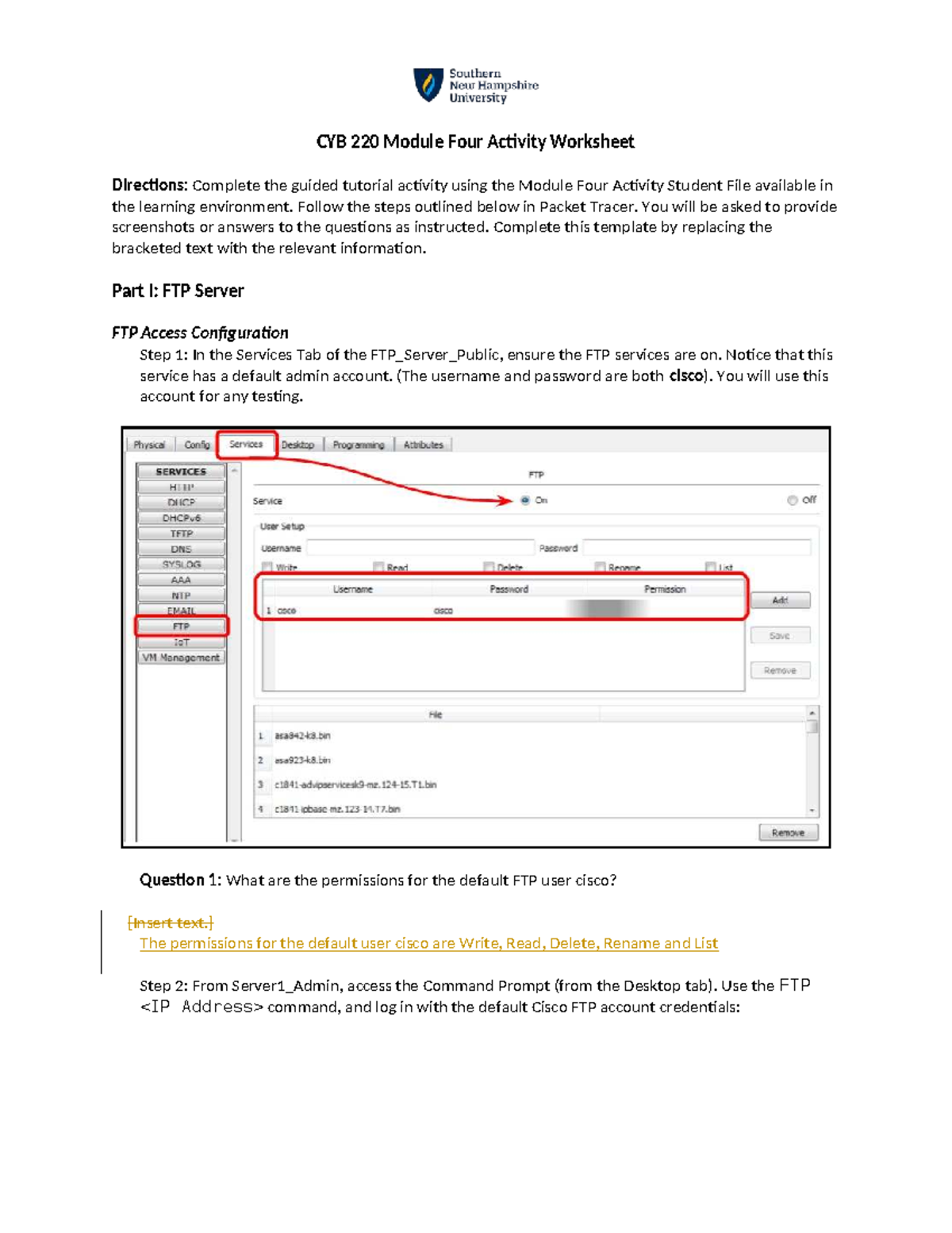CYB 220 Module 4 FTP & Firewall Configuration Activity Worksheet - Studocu